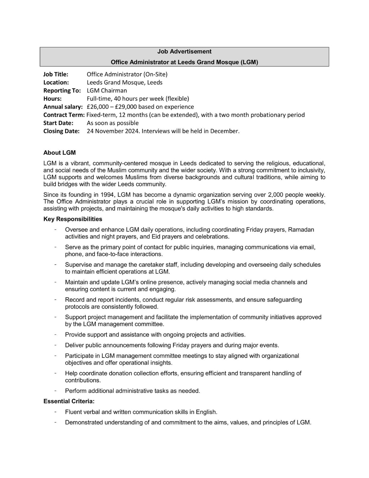Job Advertisement: Office Administrator| Leeds Grand Mosque